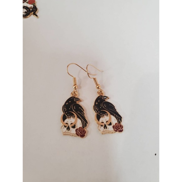 Unbranded | Jewelry | Enamel Raven Earrings With A Skull And Rose Gold ...